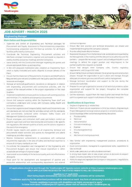 Engineering Manager - Job Advert- Deadline – 11th April 2025