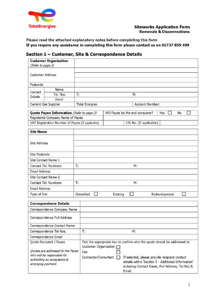 Gas Siteworks Request Form - Removals and Disconnections